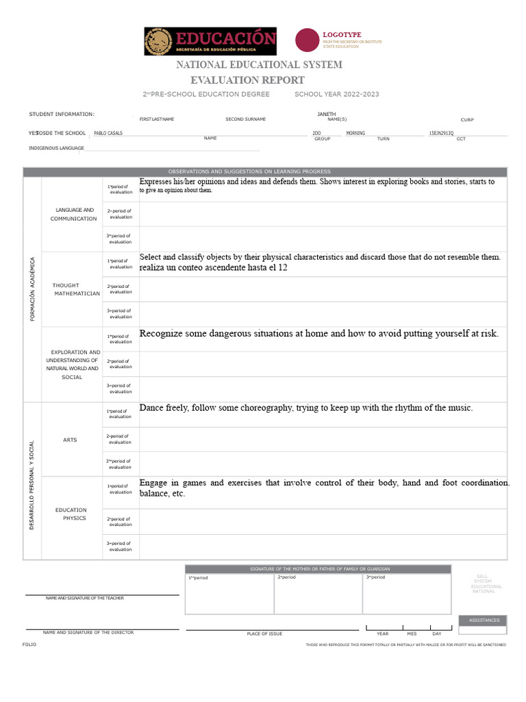 Preschool Report Card 2022-2023 | PDF | Cognition | Learning