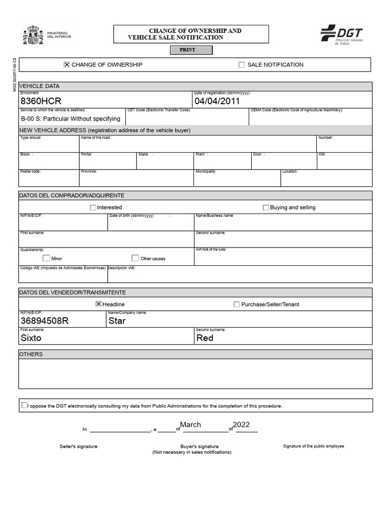 Printed Change Ownership Vehicle Sale Notification Mod.02 EN | PDF