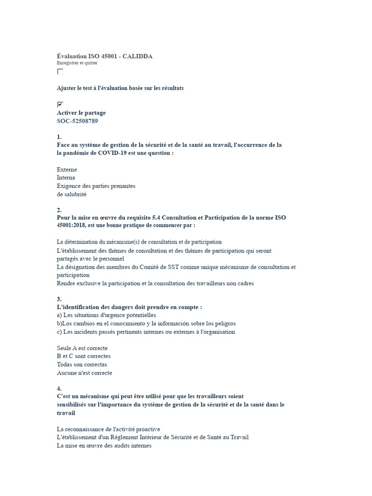 Évaluation ISO 45001 : Questions clés et pratiques | PDF | Sécurité | Audit