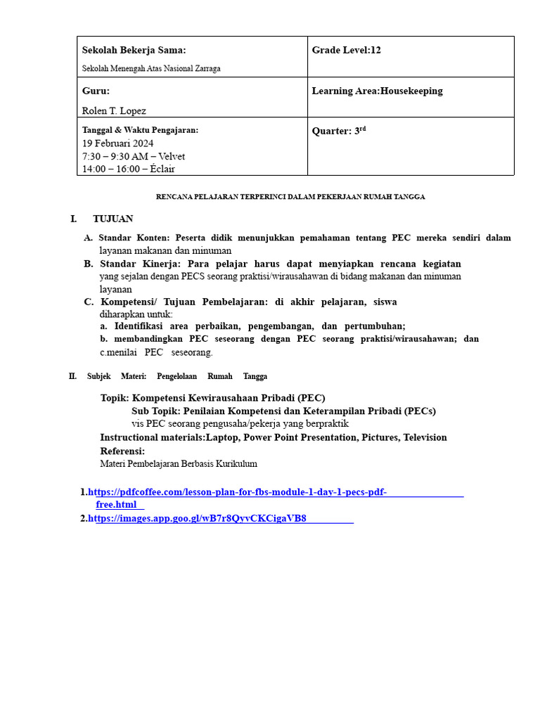 Rencana Pelajaran #1 - PEC | PDF