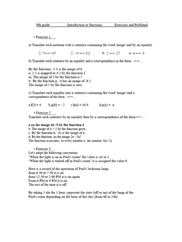 9th Grade Functions: Exercises & Problems | PDF | Function (Mathematics ...