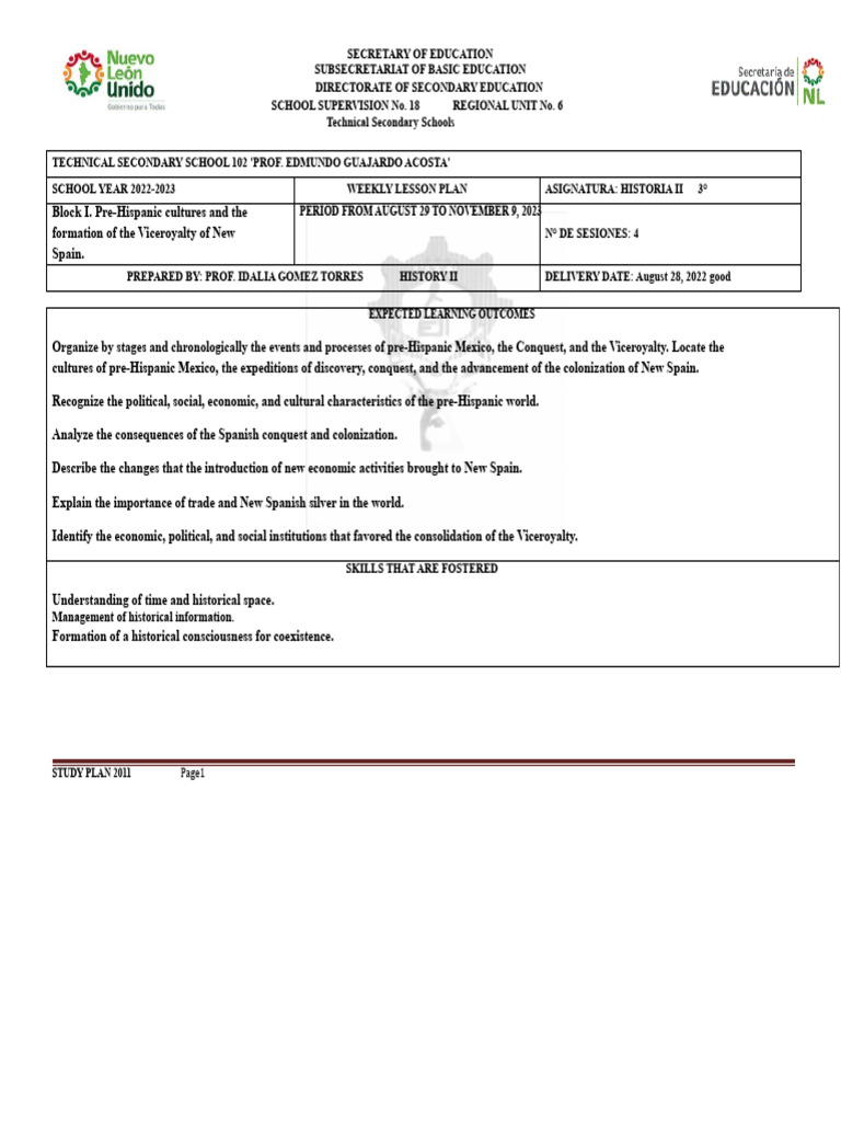 Planning 1ST Trimester - History 3RD Grade | PDF | New Spain