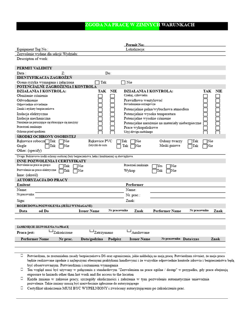Pozwolenie Na Prace W Zimnych Warunkach | PDF