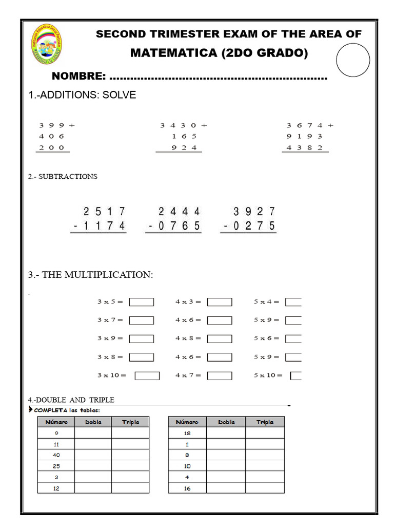 2nd Grade Math Exam: Second Trimester | PDF | Numbers | Multiplication