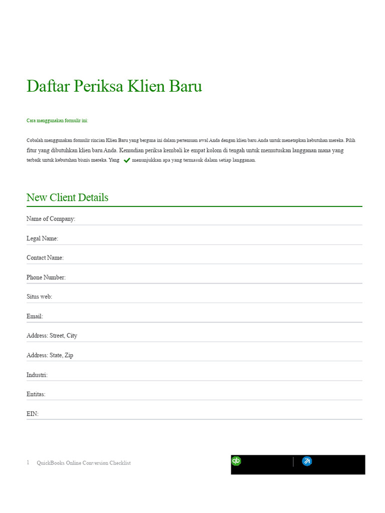 Daftar Periksa Klien Baru QuickBooks | PDF