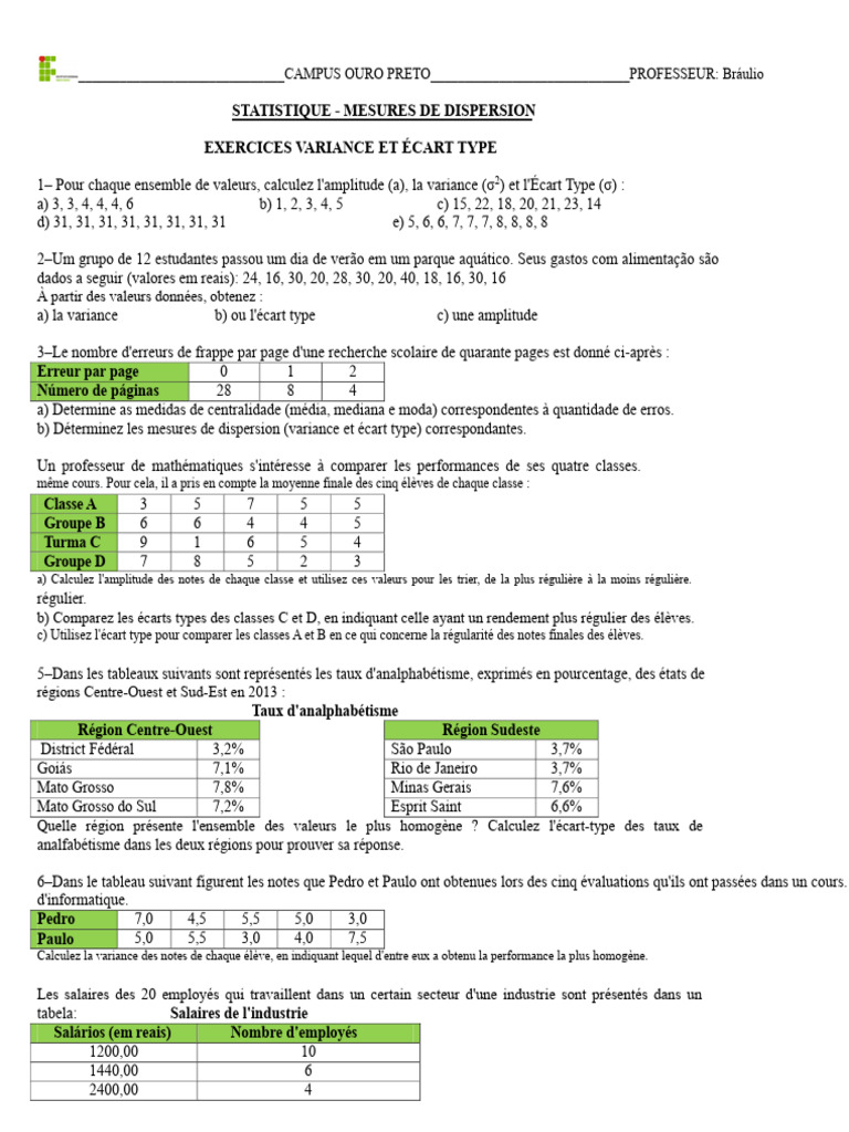 Statistiques : Variance et Écart Type | PDF | Variance (mathématiques ...