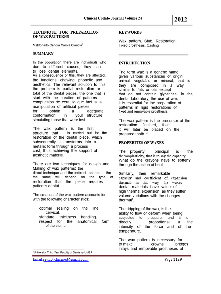 Technique For The Preparation of Wax Patterns PDF | PDF | Dentistry ...