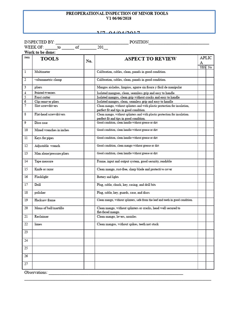 Pre-Operational Inspection of Minor Tools | PDF | Manufactured Goods ...