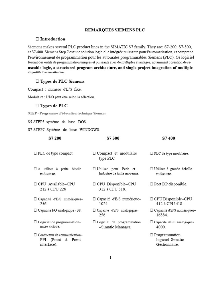Guide des PLC Siemens SIMATIC S7 | PDF | Technologies de l'information ...