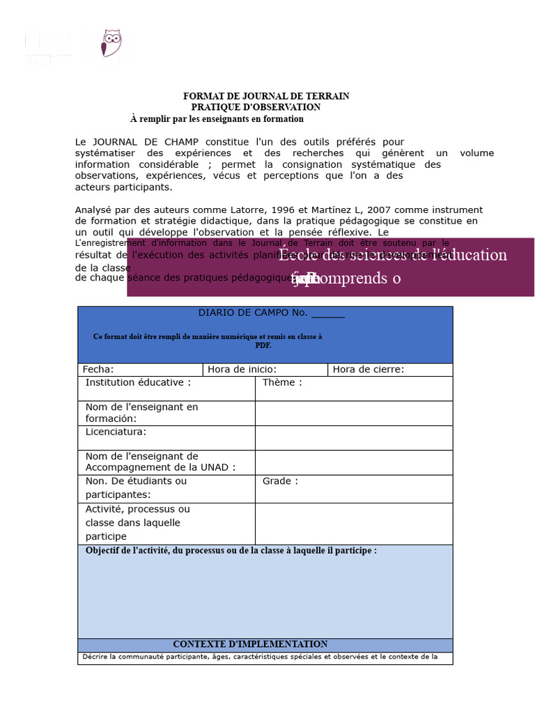 Format de Journal de Terrain Pédagogique | PDF | Pédagogie | Apprentissage