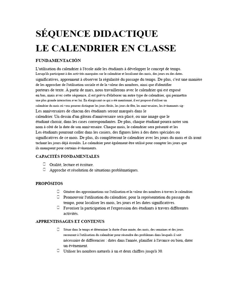 Utilisation du calendrier en classe | PDF
