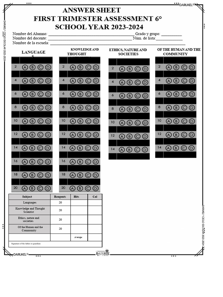 E1 - 6° Darukel Trim 1 Answer Sheet 23-24 | PDF