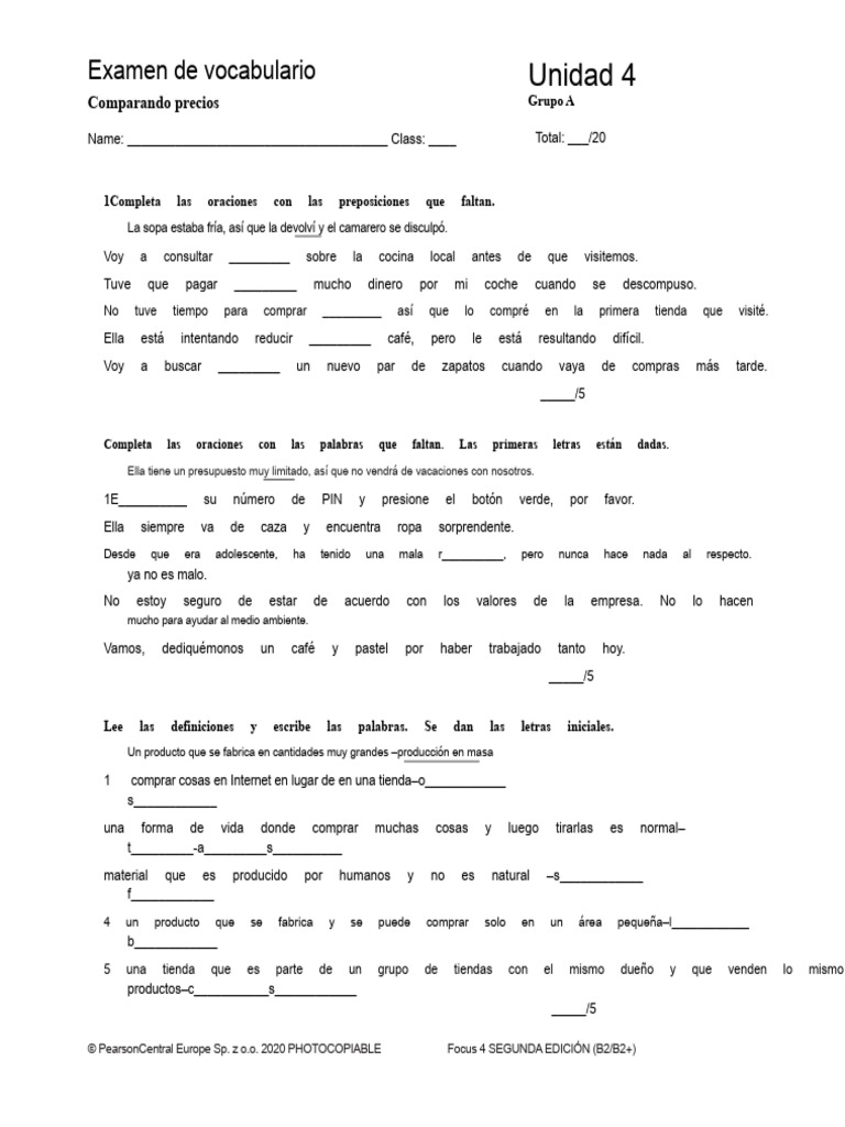 Focus4 2E Cuestionario de Vocabulario Unidad 4 Grupo A 1kol 2 | PDF