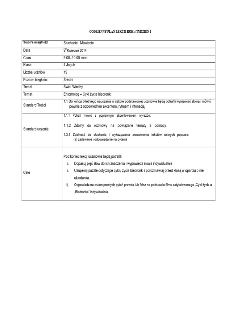 Codzienny Plan Lekcji Klasa 4 | PDF
