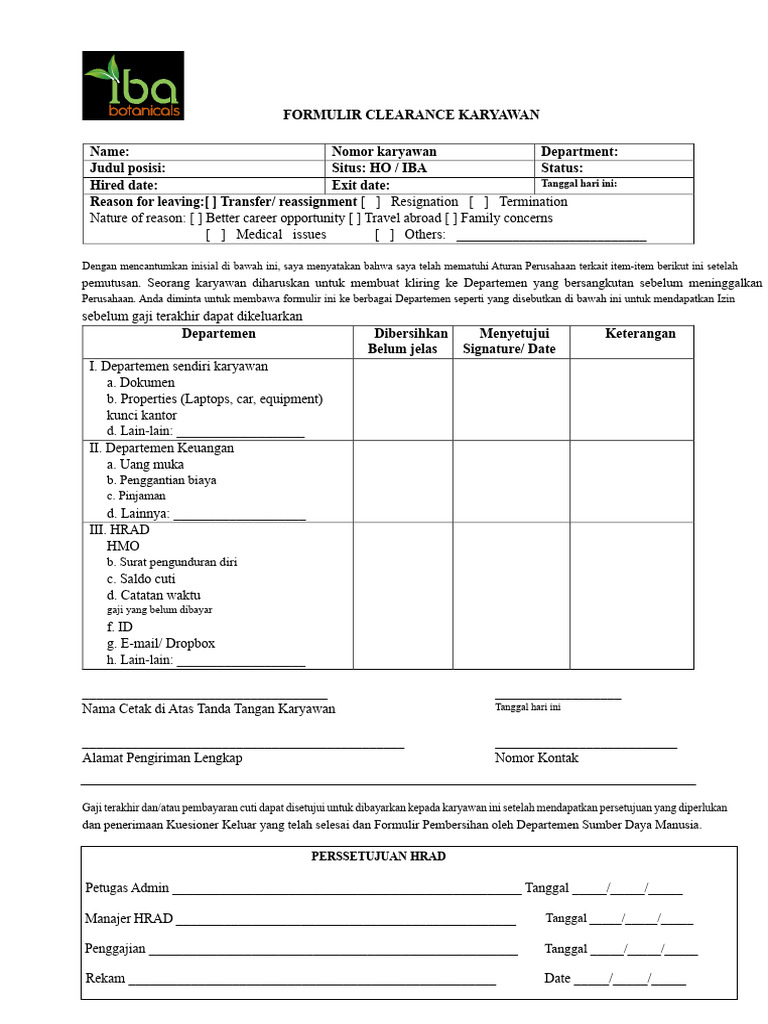 Formulir Clearance Karyawan Perusahaan | PDF