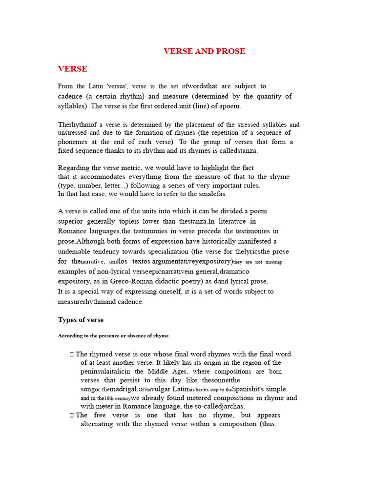 Verse and Prose | PDF | Poetry | Metre (Poetry)