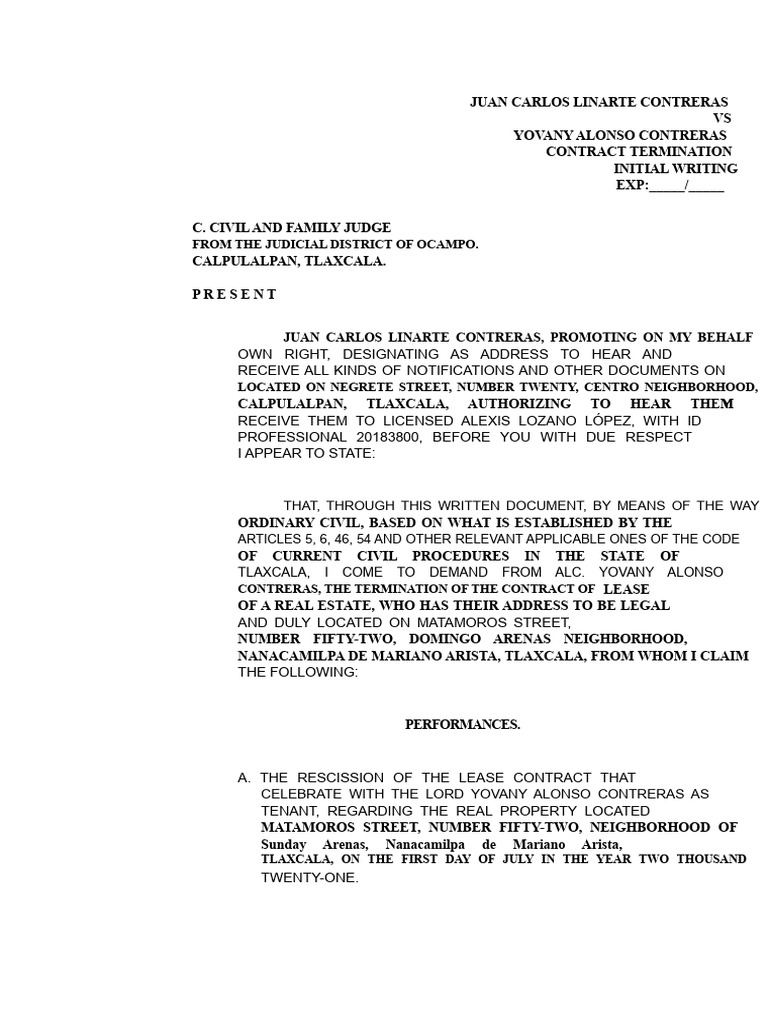 Initial Written Notice of Contract Termination | PDF | Lawsuit | Lease