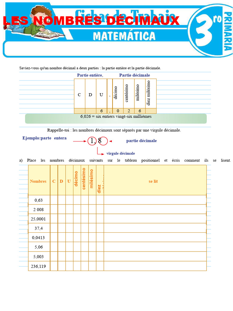 Les Nombres Décimaux Pour Le Troisième Grade de Primaire | PDF ...