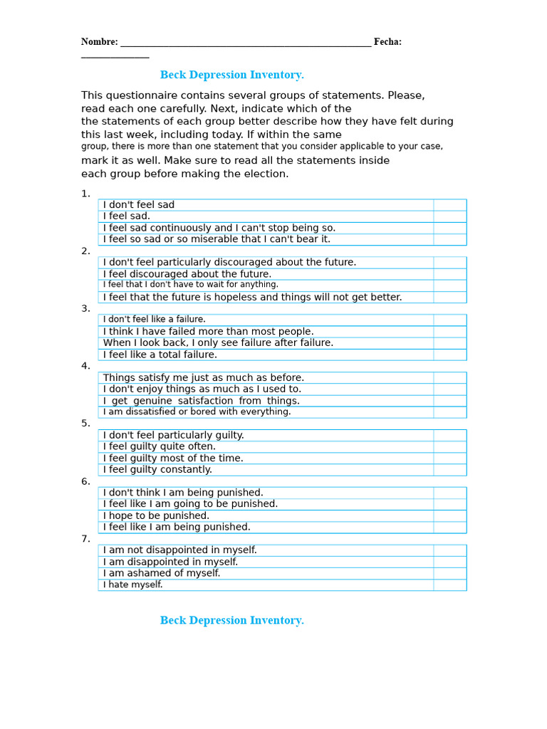 Beck Depression Inventory | PDF | Major Depressive Disorder | Mental Health