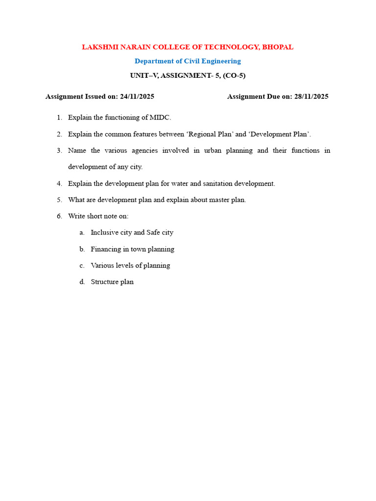 Civil Engineering Assignment on Urban Planning | PDF