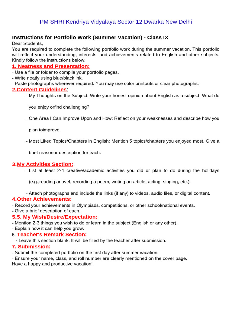Class IX Summer Portfolio Instructions | PDF