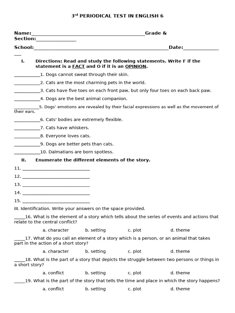 English 6 Periodical Test Guide | PDF | Cats