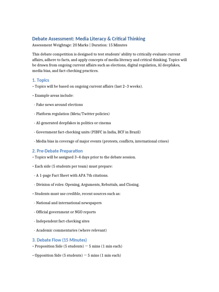 Media Literacy Debate Assessment Guide | PDF | Critical Thinking ...