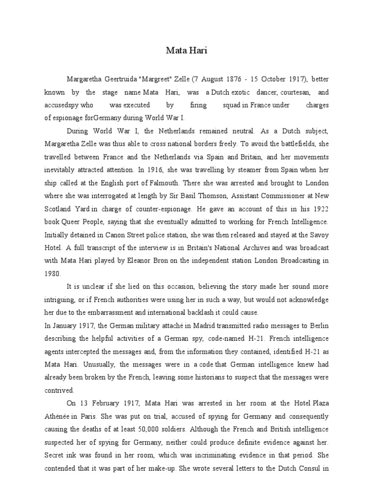 Mata Hari Dutch Dancer Executed As Wwi Spy Pdf National Security
