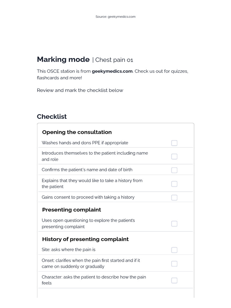 Chest Pain OSCE Checklist Guide | PDF | Pain | Medical Specialties