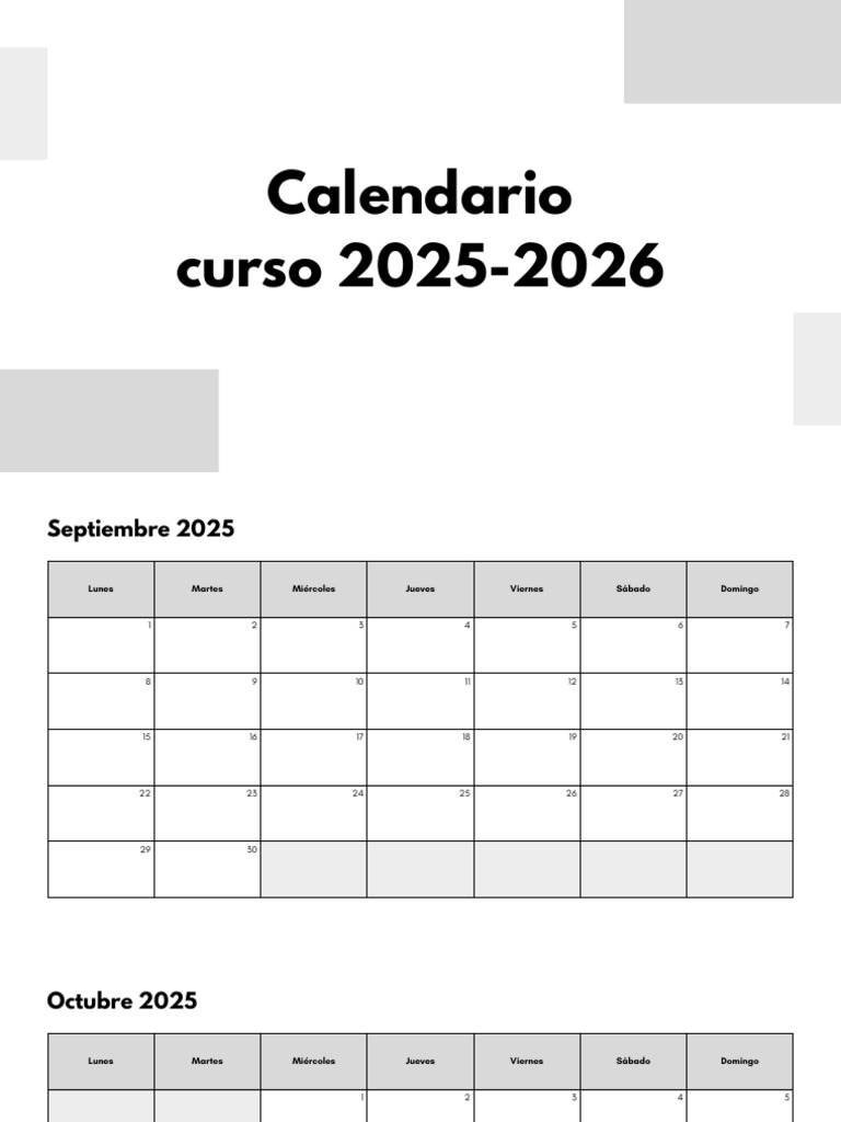 Calendario Curso 2025 2026 Sencillo Gris | PDF