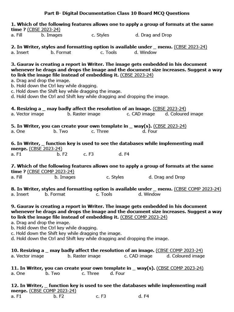 Gr10-Board MCQ Questions | PDF | Databases | Spreadsheet