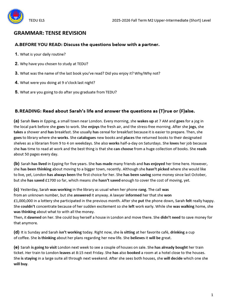 Grammar Tense Revision for Upper-Intermediate | PDF | Grammatical Tense ...