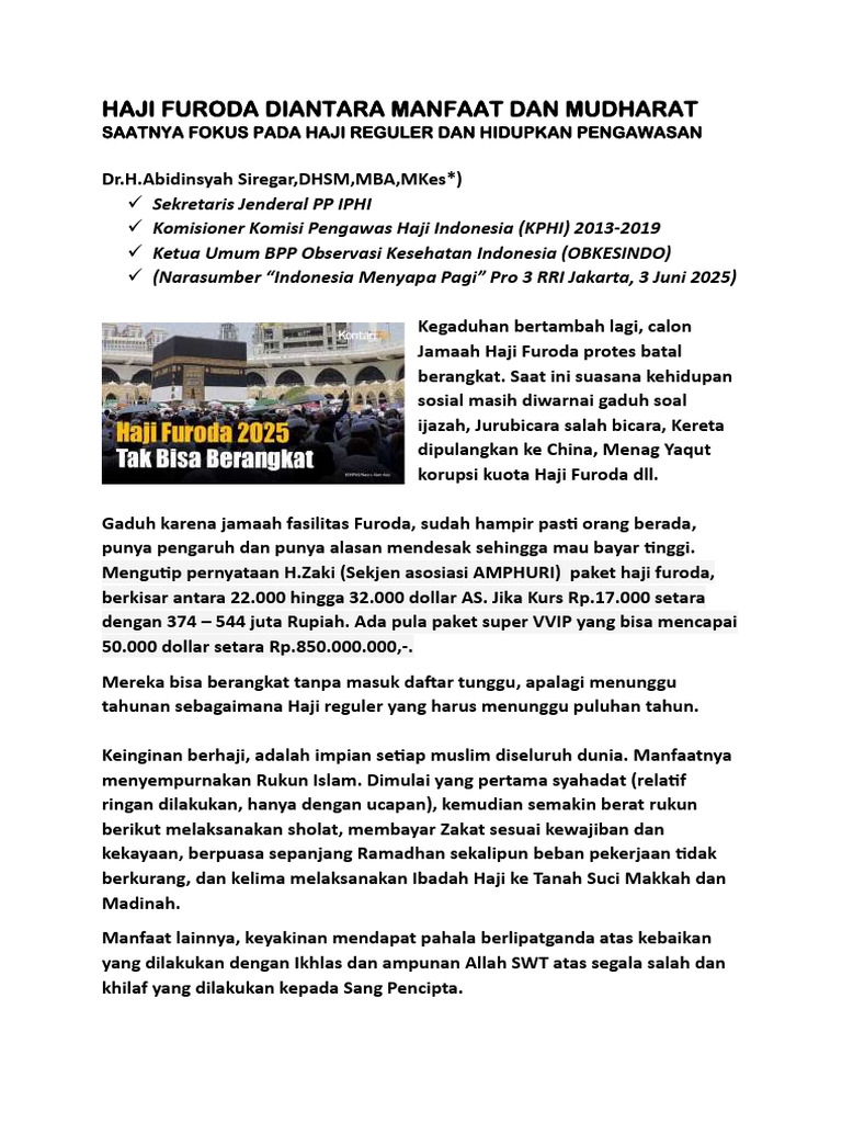 Haji Furoda Antara Manfaat Dan Mudharat | PDF