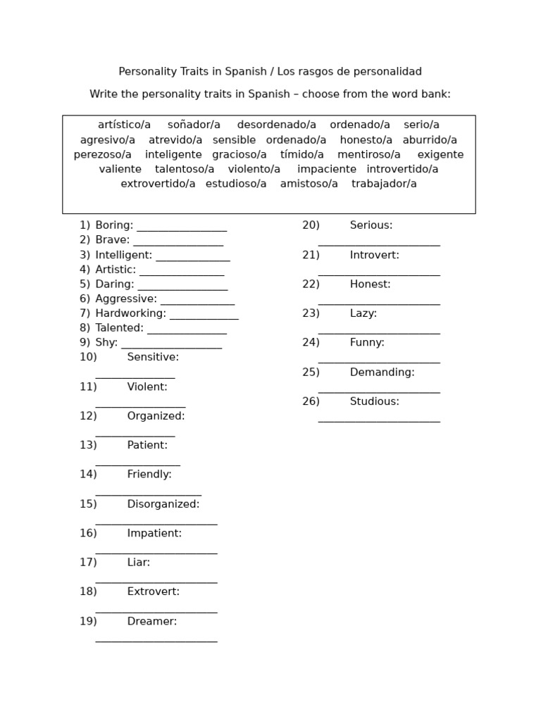 Personality Traits in Spanish Guide | PDF