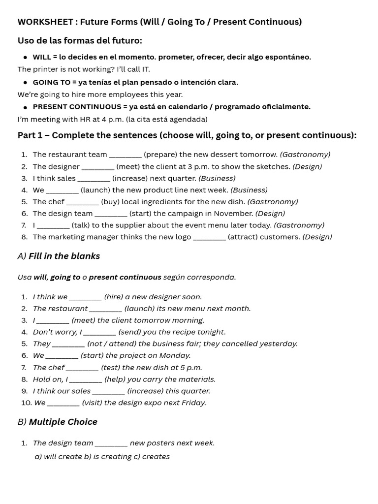 Worksheet - Future Forms (Will Going To Present Continuous) | PDF