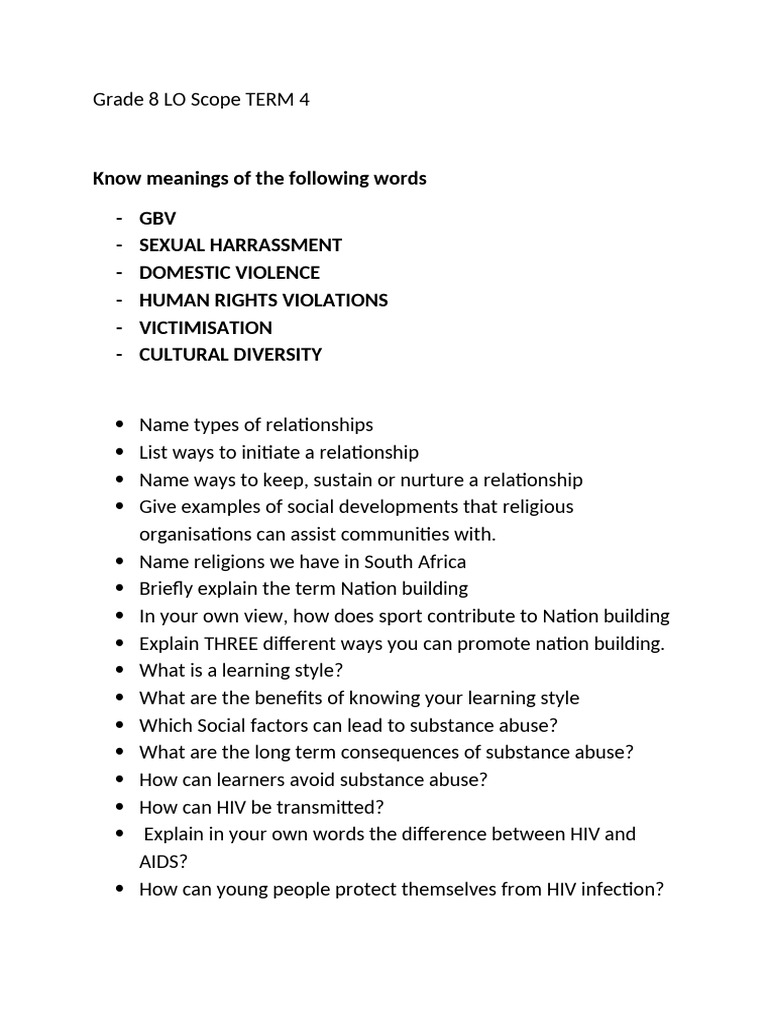 Grade 8 LO Scope TERM 4 | PDF