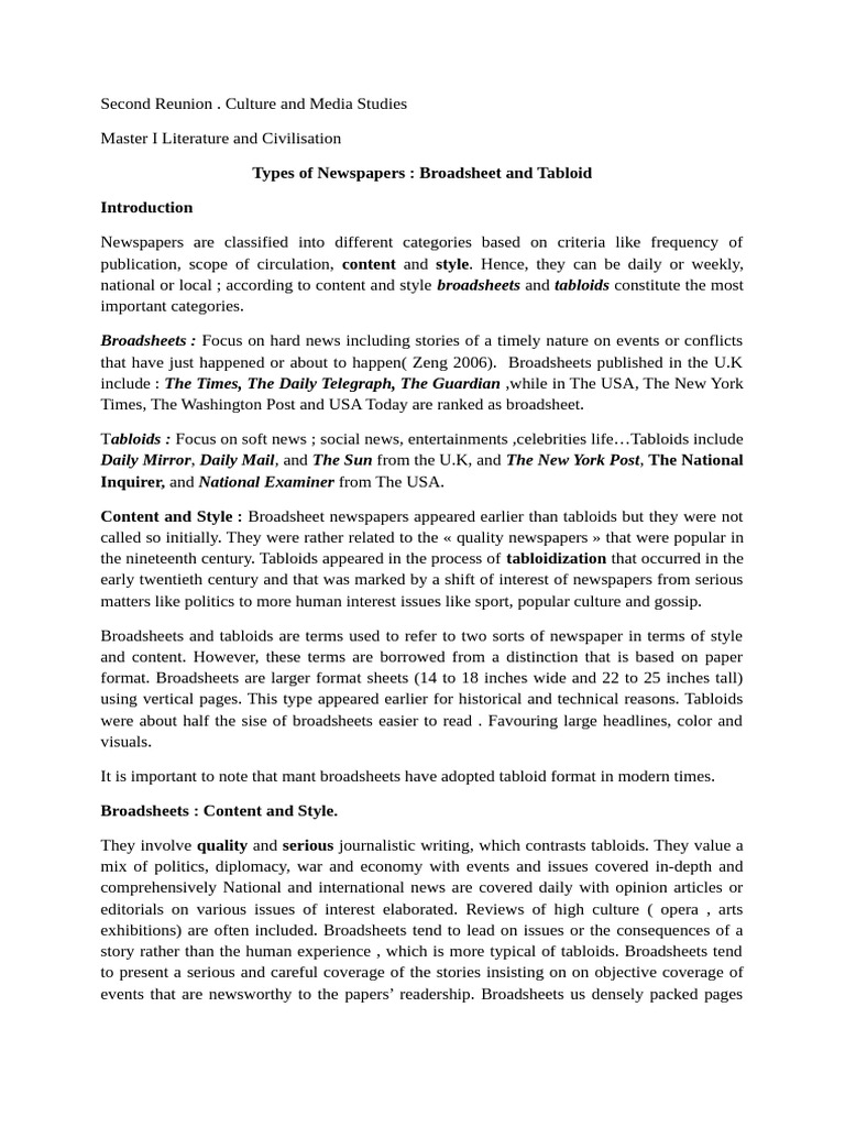 Broadsheet vs. Tabloid Newspapers Explained | PDF | News | Human ...
