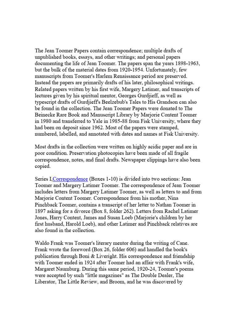 The Yale University Jean Toomer Papers | PDF