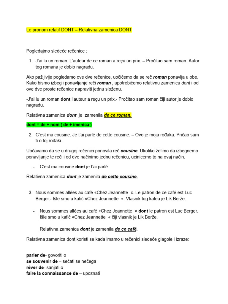 Le Pronom Relatif Dont - Docx Google Docs | PDF