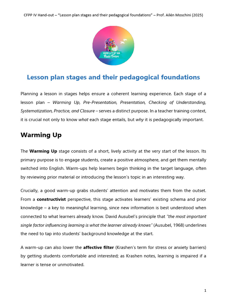 Lesson Plan Stages and Their Pedagogical Foundations | PDF | Learning ...