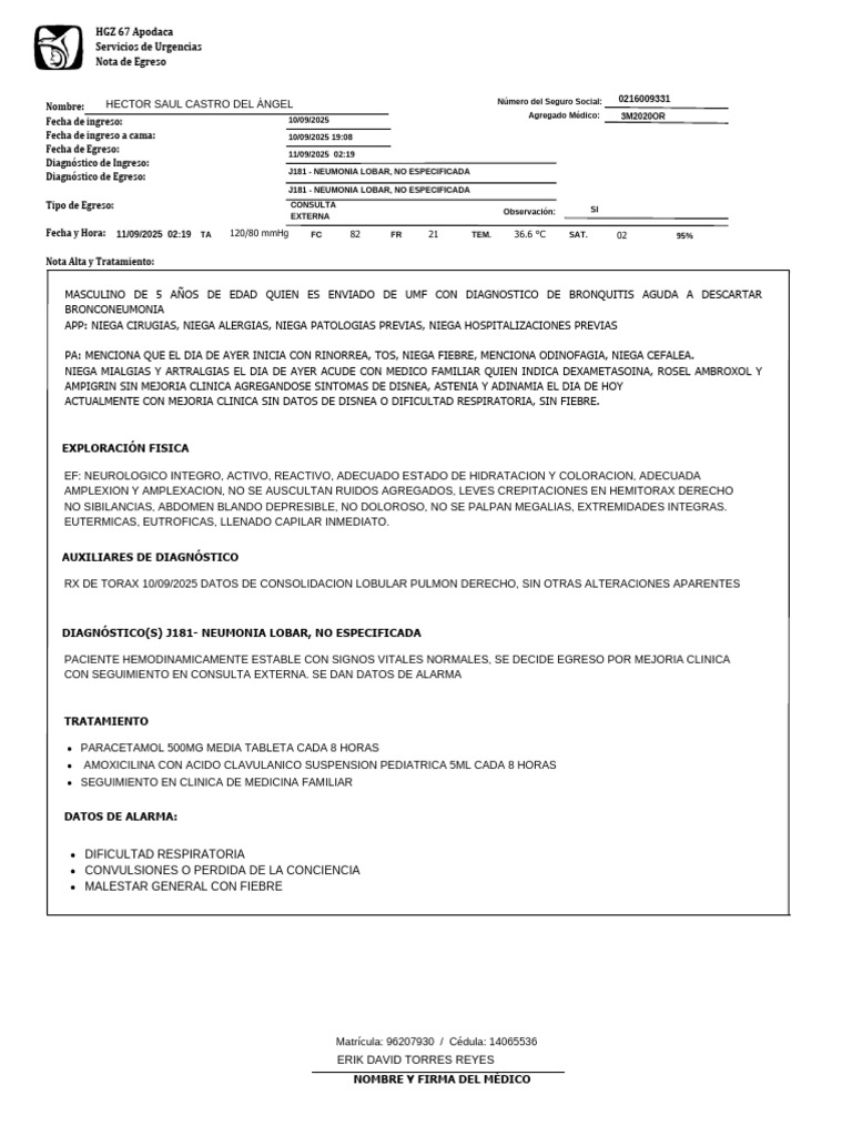 Nota de Alta y Urgencia HGZ | PDF | Neumonía | Enfermedades respiratorias