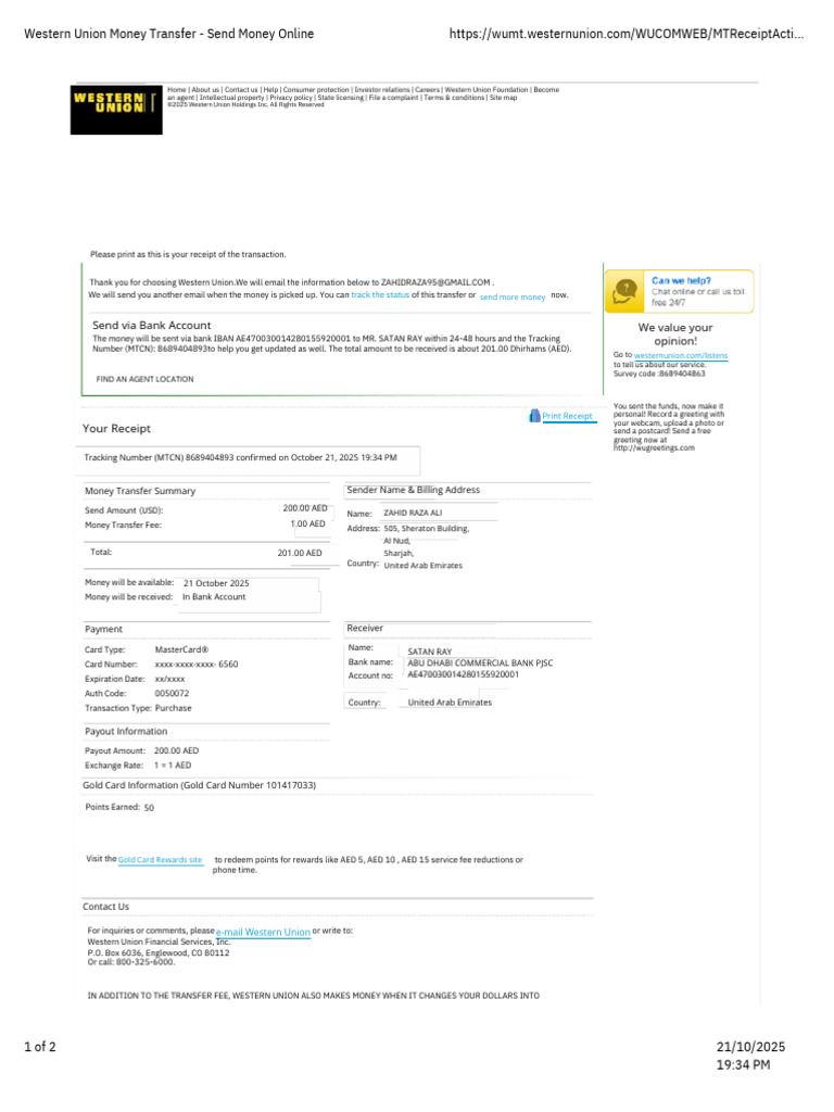21 10 2025 Western Union Receipt ADCB | PDF | Western Union | Wire Transfer