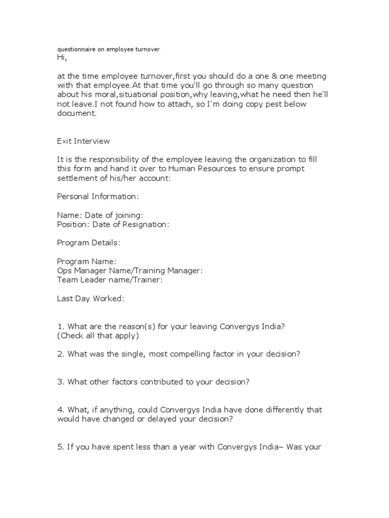 Questionnaire on Employee Turnover