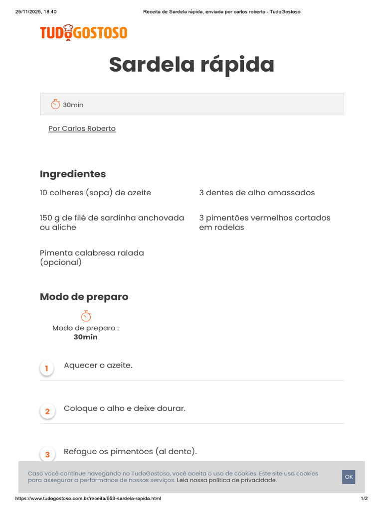 Receita de Sardela Rápida, Enviada Por Carlos Roberto - TudoGostoso | PDF
