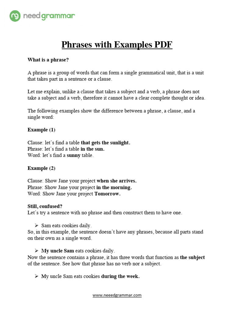 Phrases With Examples PDF | PDF | Verb | Adverb