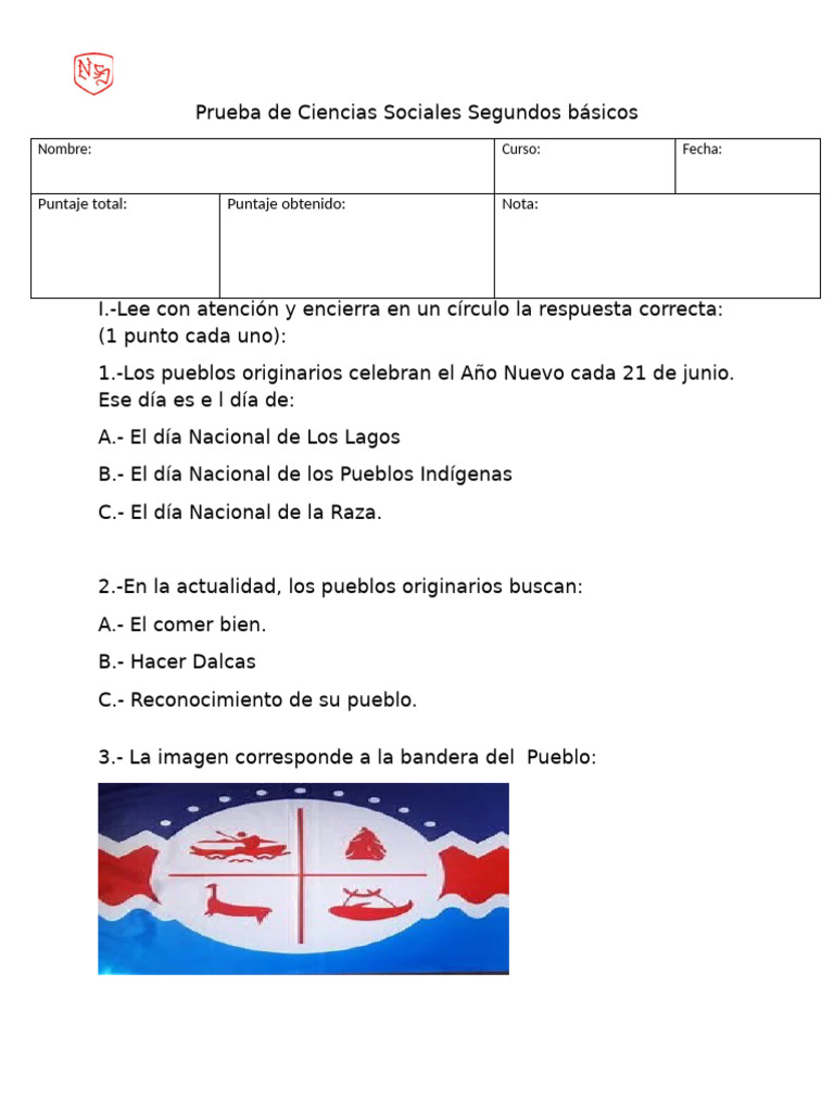 Prueba de Ciencias Sociales Segundo Año Básico Legado de Los Pueblos ...