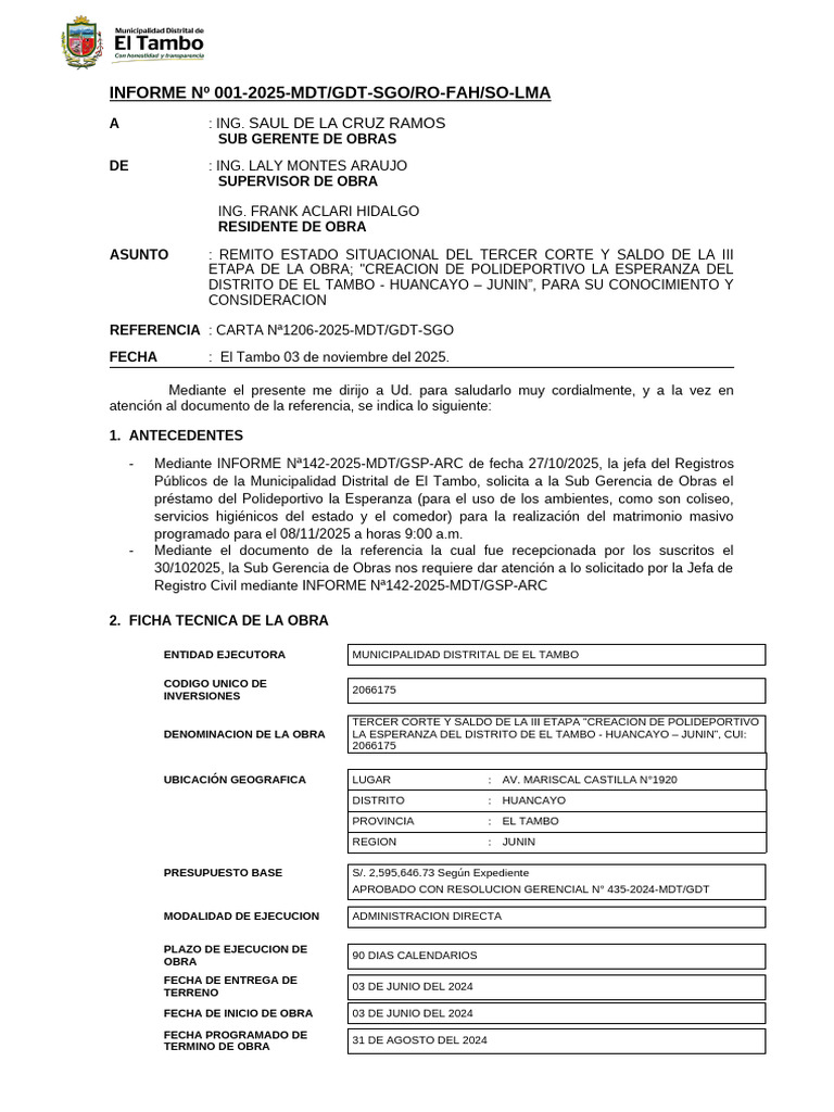 INF N 001 - ESTADO SITUACIONAL DE LA OBRA final | PDF | Ingeniería hidráulica | Materiales ...