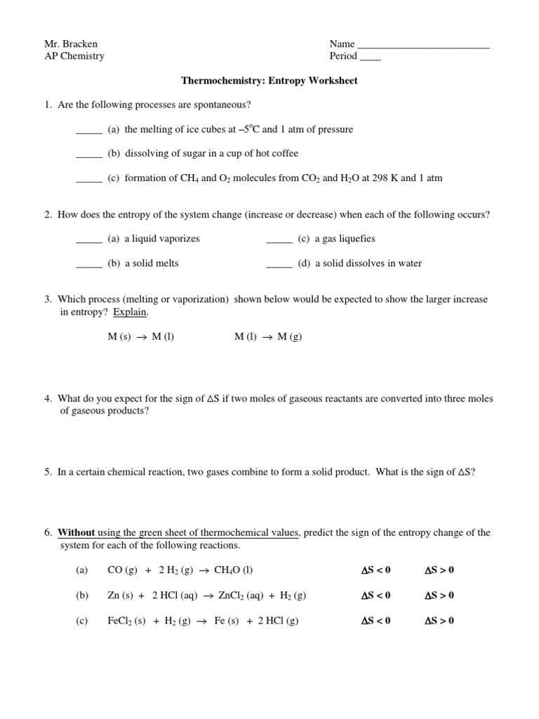 AP Chemistry Entropy Worksheet | PDF