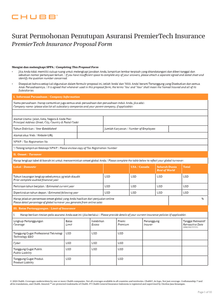 Chubb PremierTech Proposal Form (Bilingual) | PDF