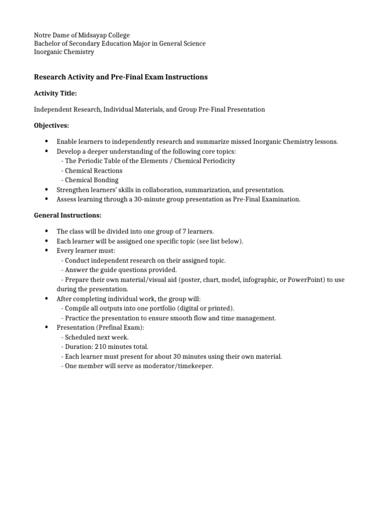 Inorganic Chemistry Research Project Guide | PDF | Periodic Table ...